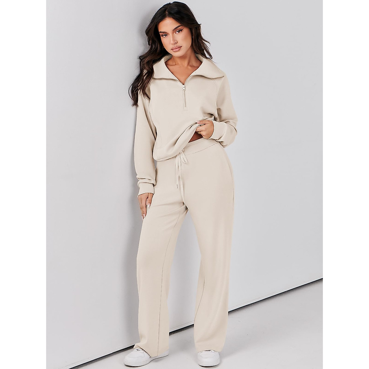 Prinbara Women 2 Piece Outfits Lounge Sets 2024 Winter Oversized Sweatshirt Wide Leg Pant Casual Matching Sweat Set Tracksuit Apricot Small