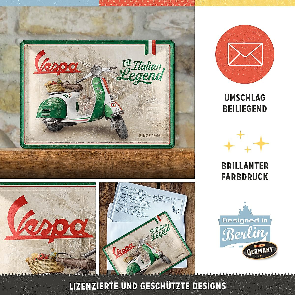 Nostalgic-Art, Retro Greetings Card Vespa - Italian Legend - Gift Idea for Scooter Fans Tin Postcard Mini Tin Sign Vintage Design 10x14cm