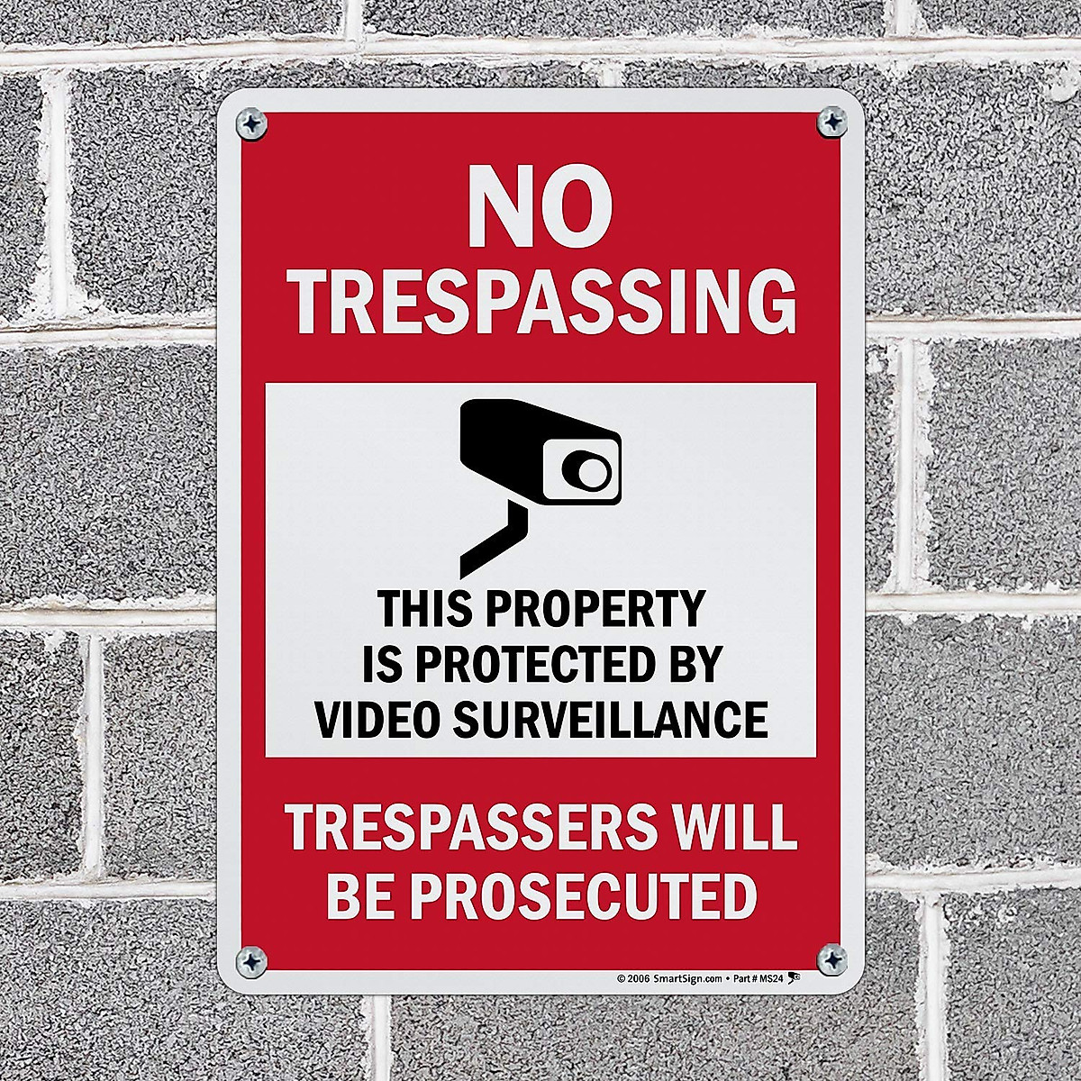 SmartSign 14 x 10 inch “No Trespassing - Property Protected by Surveillance, Trespassers Prosecuted” Metal Sign, 40 mil Aluminum, Engineer Grade Reflective Material, Red, Black and White