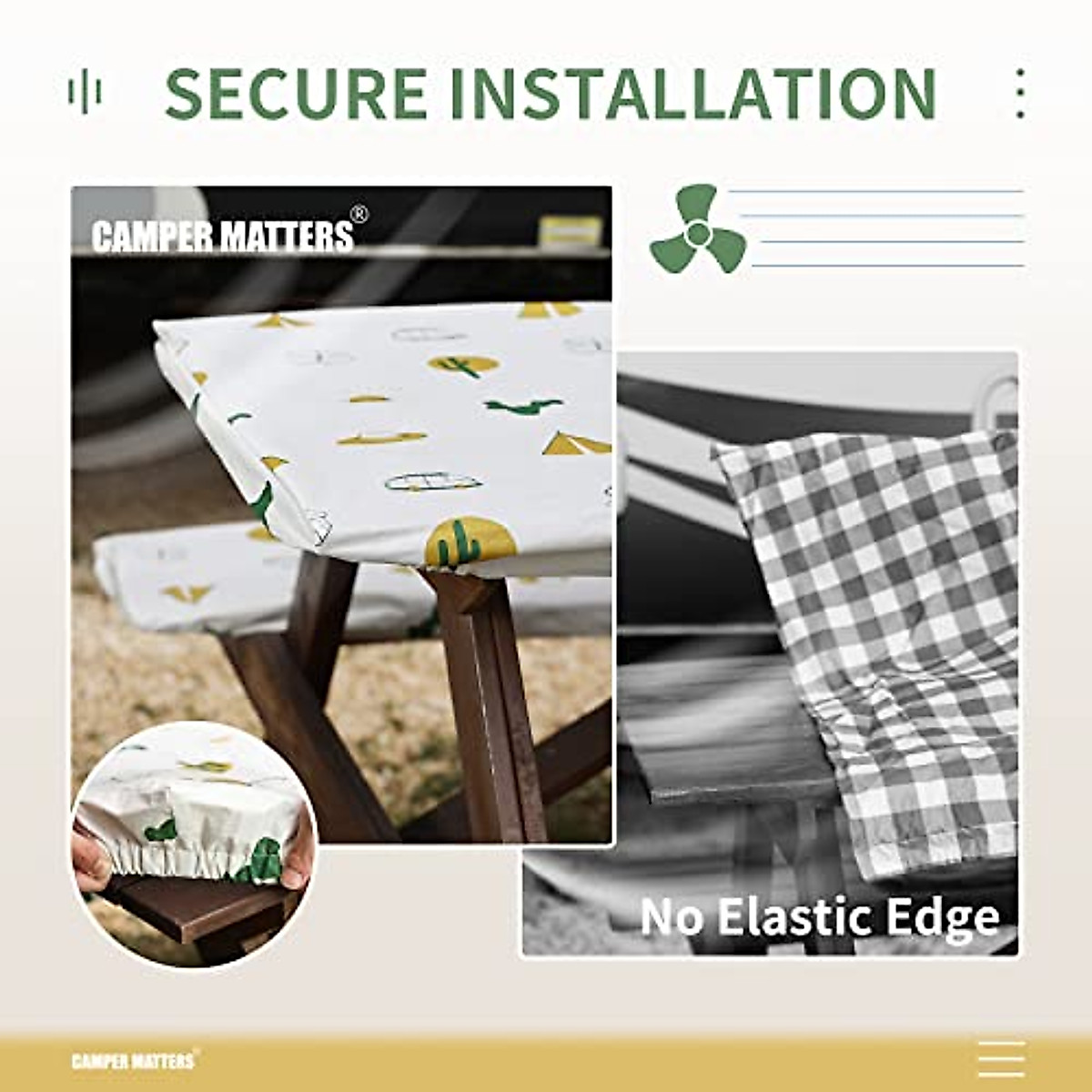 Picnic Table Cover and Bench Covers, Fitted Tablecloth Cover with Elastic Edge, Water and Oil Proof, for Outdoor, Garden, Camping, 72x28 Inch, 3 Pieces Set, Blue & White, Camping Cartoon