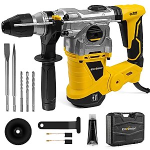 Enventor 1-1/4 Inch SDS-Plus 12.5A Heavy Duty Rotary Hammer Drill for Concrete Stone, Safety Clutch Electric Demolition Hammer Drill with 4 Functions, Vibration Control, Chisels, Drill Bits, Case