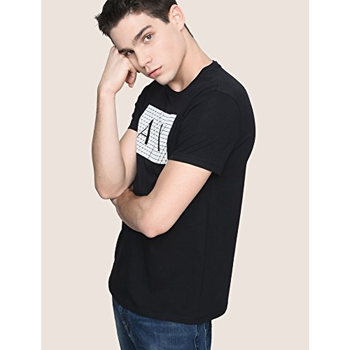 A|X ARMANI EXCHANGE mens Crew Neck Logo Tee T Shirt, Grid Logo Black, Large US