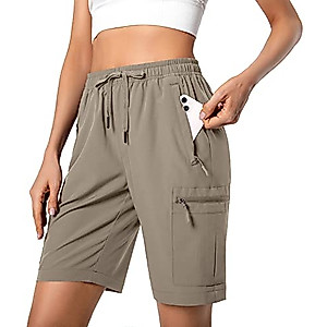 Women's Lightweight Hiking Cargo Shorts Quick Dry Athletic Shorts for Camping Travel Golf with Zipper Pockets Water Resistant Dark Khaki