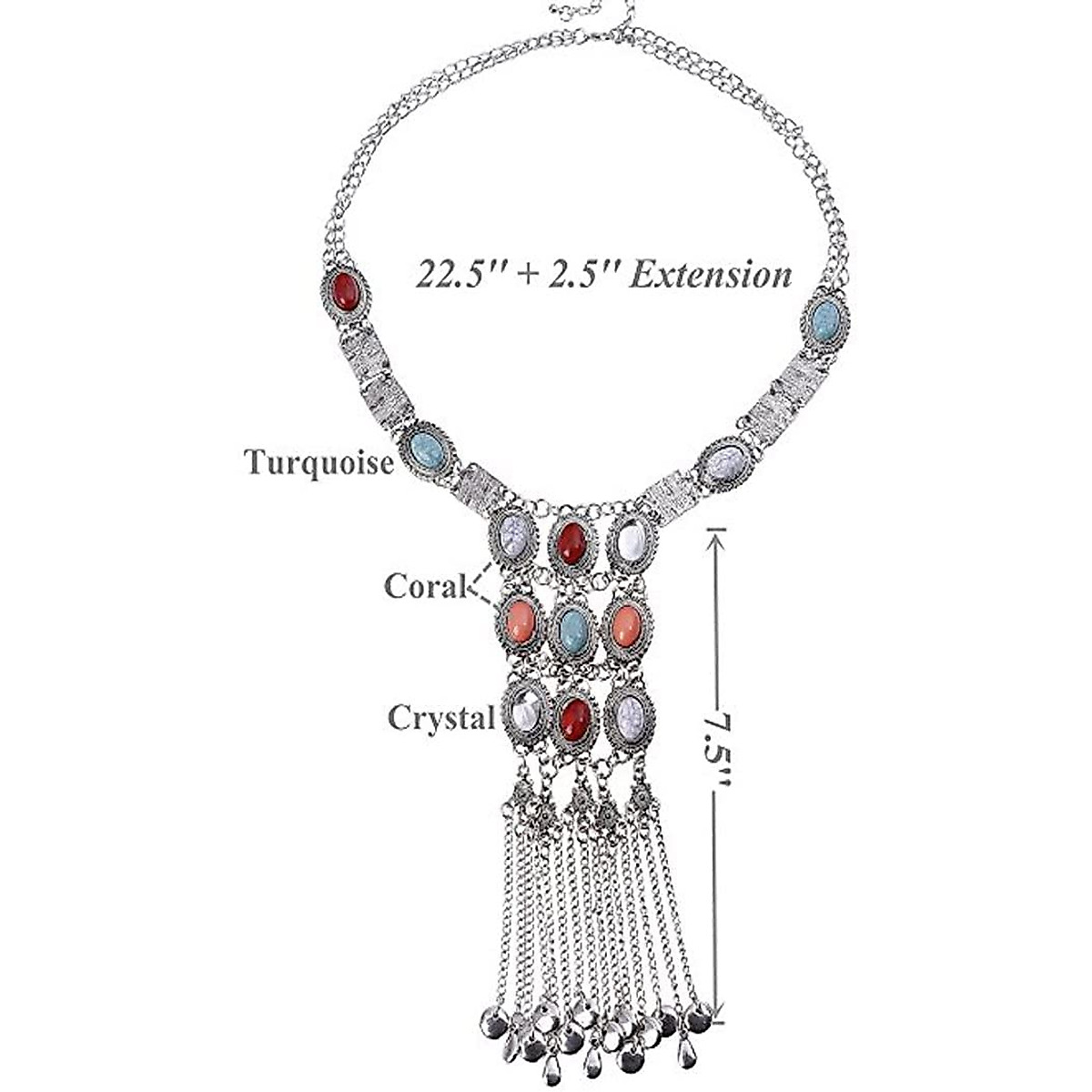 Tpocean Vintage Retro Rhinestone Silver Gold Turquoise Long Boho Bohemian Statement Ethnic Tribal Necklace for Women