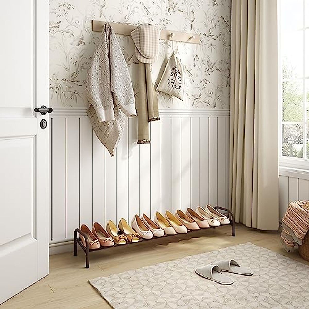 Gewudraw 1-Tier Shoe Rack Expandable, Width Adjustable Shoe Shelf Storage Organizer, 41.53'' Metal Standing Shoe Rack for Bedroom Entryway Closet, Holds up to 6 Pairs Shoes, Brown