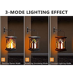 Tewei Solar Wall Lantern Outdoor Hanging Solar Lights, Flickering Flame Waterproof Solar Wall Sconce 3-Lighting Mode, Hanging Solar Lamps Patio Light Fixture for Fence Porch and Yard, 2 Pack
