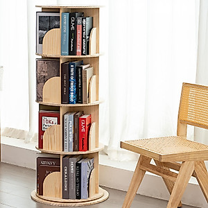 BUYWAY Rotating Bookshelf, 4 Tier Rotating Bookshelf Kids, 360 Display Floor Standing Bookcase Storage Rack for Kids&Adults Solid Wood Bookshelf Organizer, Classic Natural
