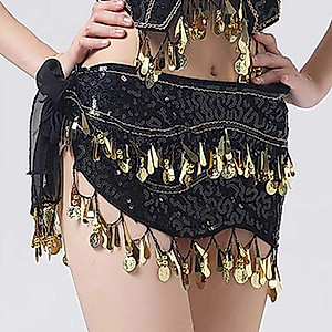 Kakaco Women Belly Dance Skirt Sequin Wrap Skirts Rave Hip Scarf Skirt Costume (Black)