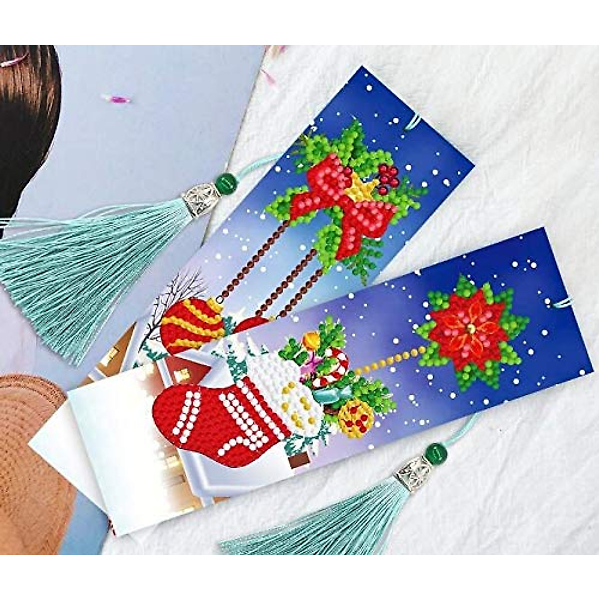 Christmas Socks Bookmark Diamond Painting Kit - pigpigboss 4 Pack Bookmark Dimaond Painting Art Crystal Christmas Bell Bookmark Diamond Painting Set Christams Book Decor Gift for Adult Kid (21 x 6 cm)