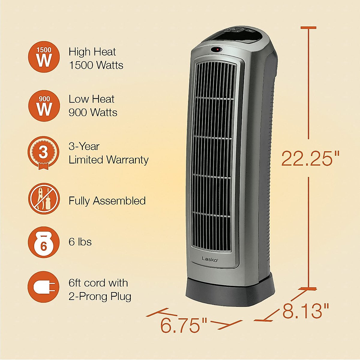 Lasko Portable Oscillating Ceramic Space Heater Tower with Digital Display, Remote Control, 2 Heat Settings and 8 Hour Timer, Gray