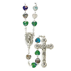 TrueFaithJewelry Murano Style Glass Heart Rosary Prayer Beads Necklace Madonna with Jesus Crucifix Cross, 22 1/2-Inch