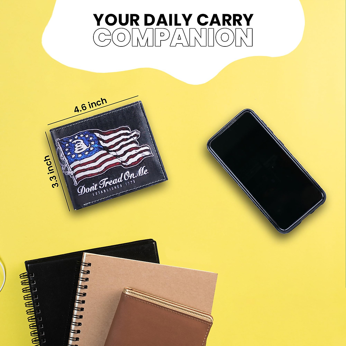 Li Bifold Wallet Handmade Vegan Leather Wallet - Don't Tread Flag Design Men Wallet Slim with top-flap 2 ID Windows, 7 cards, 2 side slots, 2 cash pockets - Timeless slim wallet with Gift Box