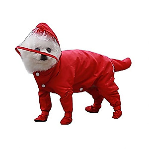 HongGun Dog Raincoat, Waterproof Puppy Raincoats with Hood Dog Onesie Rain Jacket & Rain Boots Jumpsuit Dog Rain Poncho for Small Dogs (M-Red)