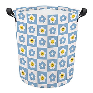 17.3 Inches Laundry Basket, Waterproof Collapsible Storage Basket, Round Dirty Clothes Hamper with Handles for Bedroom Room Toy Storage (Checkered Groovy Smiling Flowers)