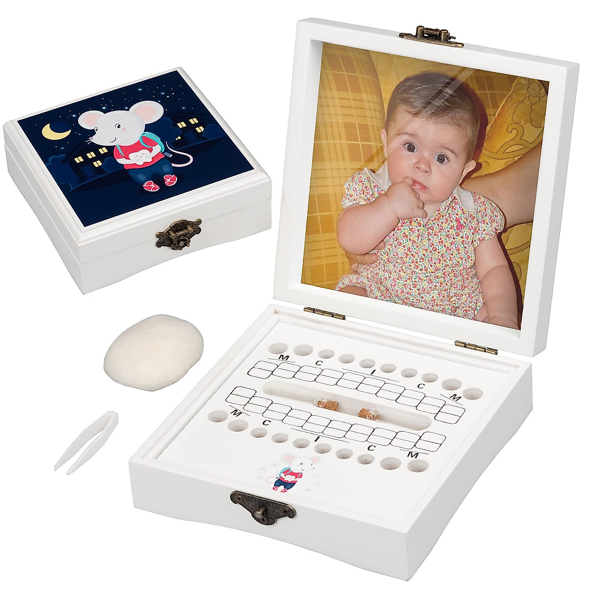 Dravira Baby Keepsake Tooth Box - Lost Teeth Holder Boy and Girl - Tooth Fairy Organizer - Gift for Parents and Kids - White Wood