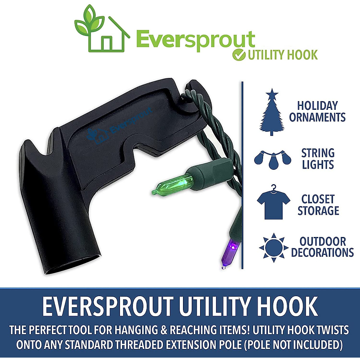 EVERSPROUT Utility Hook | Installing and Hanging Christmas Lights, Bird feeders, Reaching High Places | Lightweight, Fits on 3/4 inch Acme Thread Pole Tips (Hook Only, No Pole)