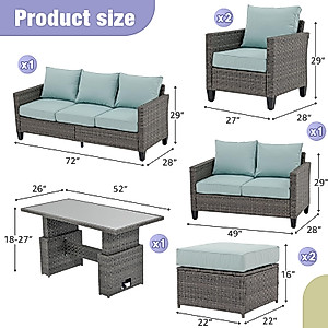 SUNSITT Patio Furniture Set 7-pcs Outdoor Furniture Conversation Sets with Lift Dining Table Wicker Patio Furniture Outdoor Couch Grey Rattan Light Cyan Cushion for Garden, Backyard, Lawn