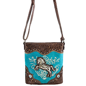 Zelris Western Rearing Horse Embroidered PU Leather Concealed Carry Women Crossbody Bag (Turquoise)