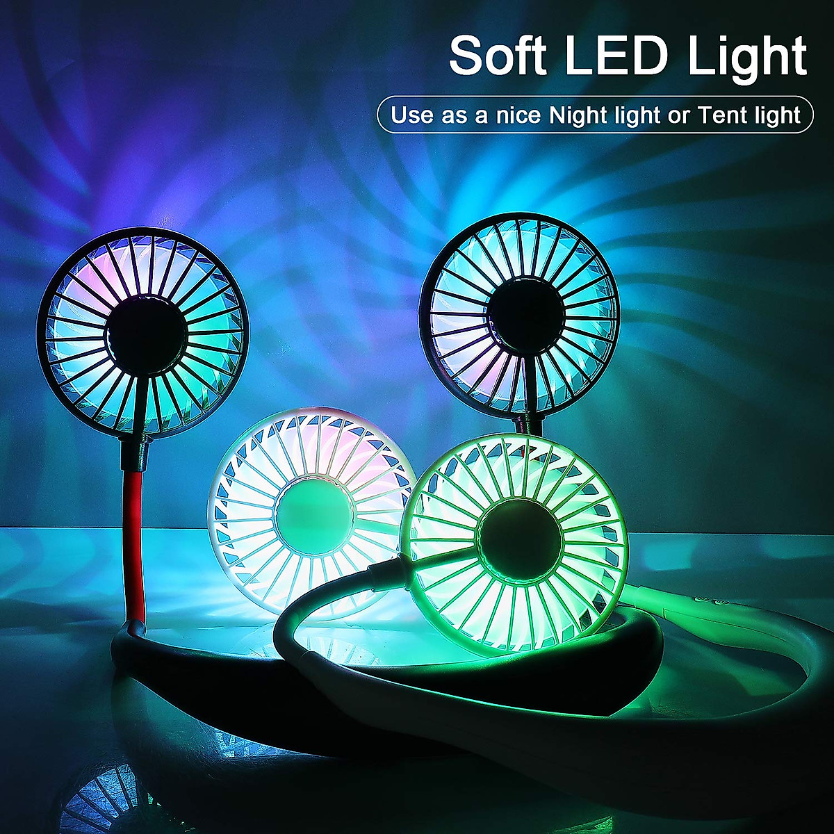 Hand Free USB Personal Fan Rechargeable Mini LED Neck Fan Headphone Design Sports Fan Heads Rotatable Neckband Fan, 2000mAh, 3 speeds, Quiet, Portable for Office Reading Travel Camping (Black)