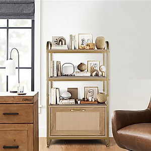 Oakrain Storage Cabinet, Kitchen Storage Cabinet with Door and Shelves, Farmhouse Rattan Cabinet Freestanding Storage Shelves for Kitchen, Bathroom, Home, Living Room