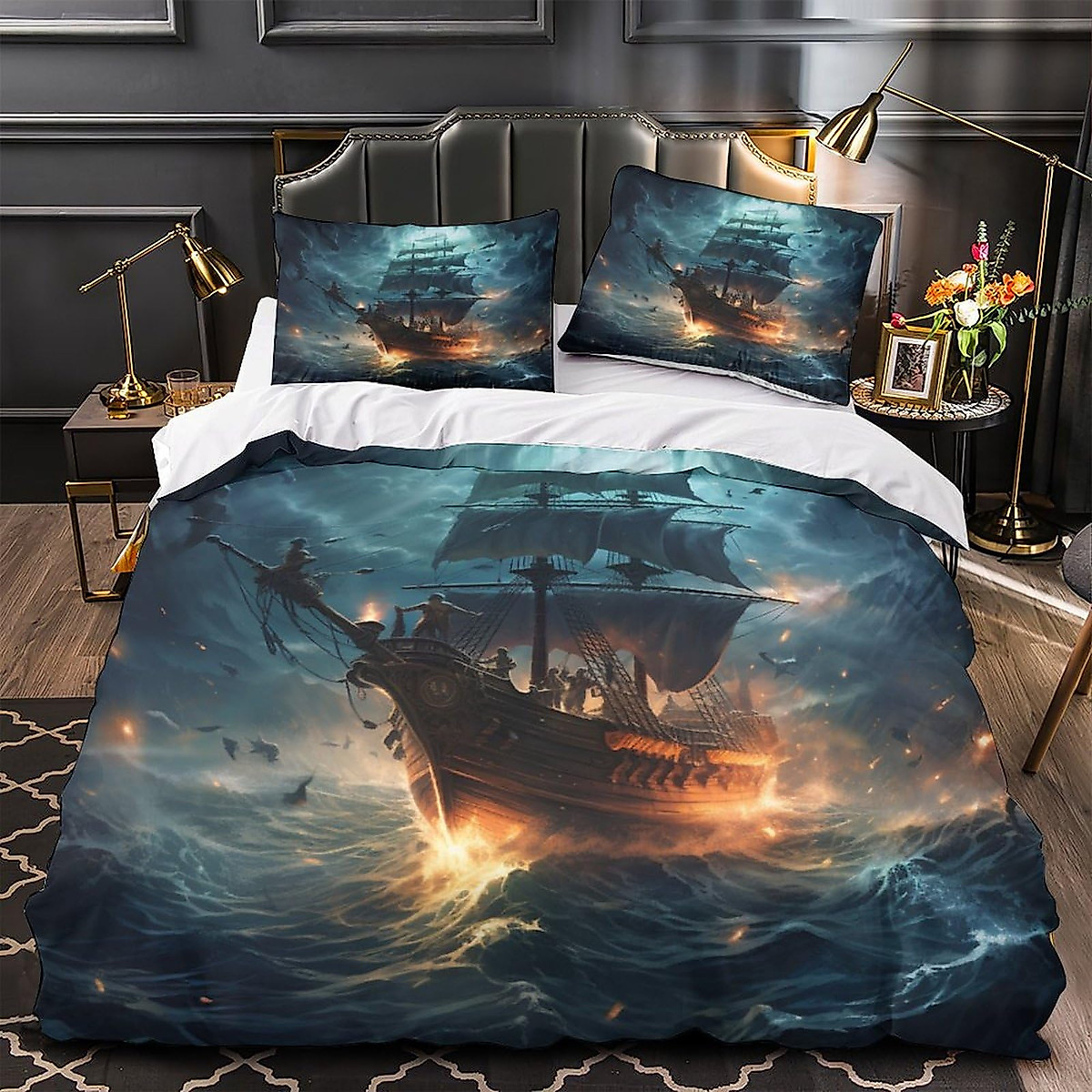 ERGTT Pirate Ship for Boys Girls Duvet Cover 3D Print Ship Quilt Cover Comforter Covers Bedding Set with Pillow Cases with Zipper Closure Soft Microfiber 3 Pieces Full（203x228cm）, Style-8