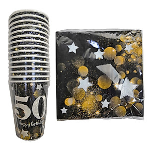 Serves 30 Complete Party Pack Happy 50th Birthday 9" Dinner Paper Plates 7" Dessert Paper Plates 12 oz Cups 3 Ply Napkins 50th Birthday Party Theme