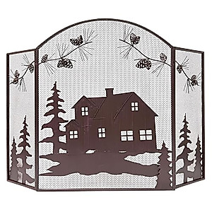 BestGiftEver 3-Panel Fireplace Screen Decorative with House Cabin Lodge Pine Cone Design - Stand Alone Fireplace Cover Metal Mesh Screen - Home Decorative Firescreen forRustic Western Country Style