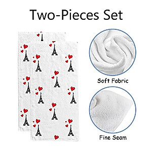 Hand Bath Towels 2 Pack Hearts and Eiffel Tower Absorbent Face Fingertip Towels for Bathroom Kitchen Gym Spa Soft Hair Drying Cloth Quick Dry, 30 x 15 Inch