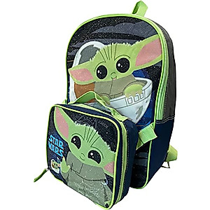 Fast Forward Star Wars The Mandalorian Baby Yoda 15 Inch Kids Backpack With Removable Lunch Box (Grey-Navy-Green)