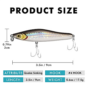 TRUSCEND Pencil Fishing Lures with BKK Hooks, Quake Sinking Floating Pencil Popper, Trembling Sinking Dog Walker for Freshwater and Saltwater, Long-Cast Topwater Fishing Lures, Bass Pike Fishing