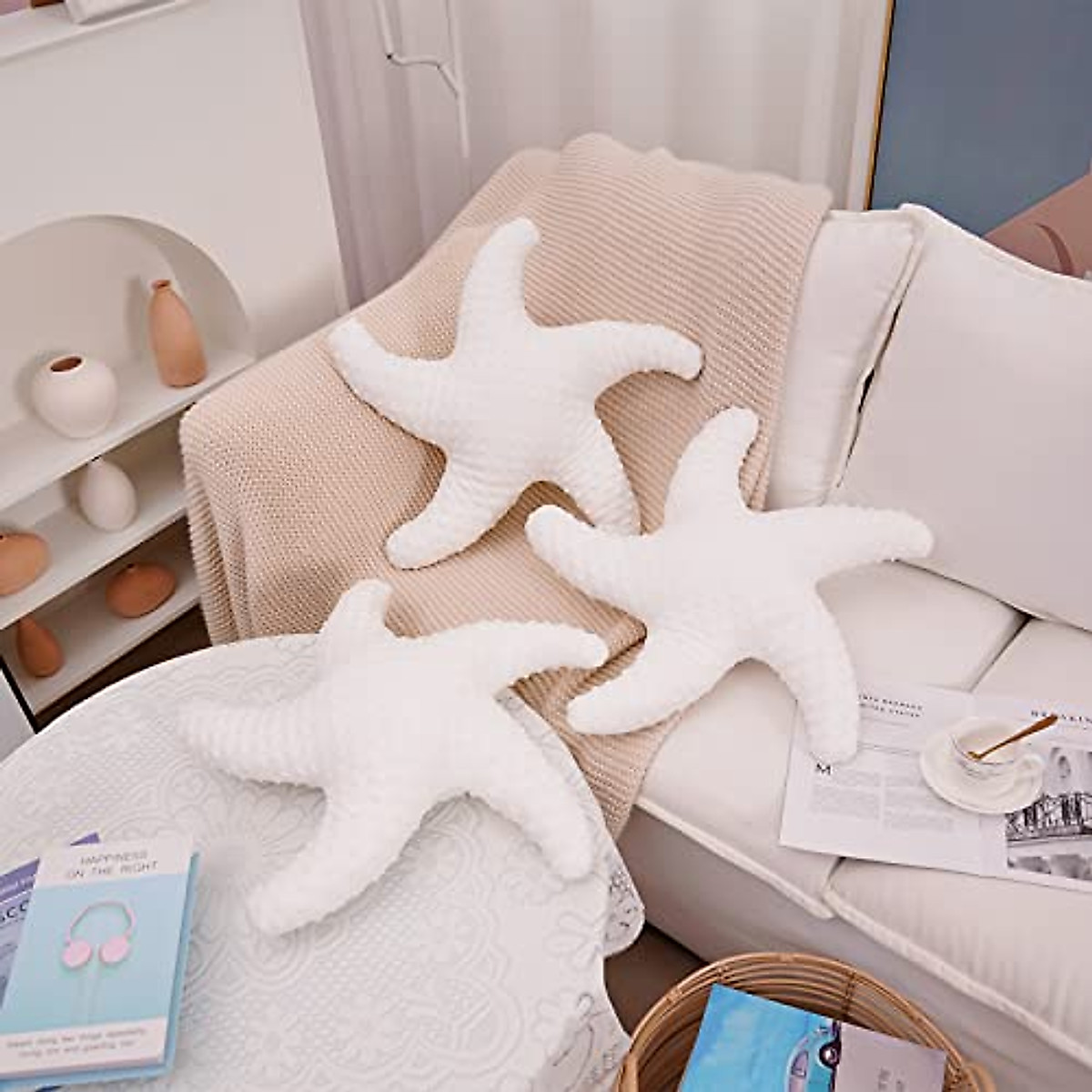 Marble Empire White Starfish Pillow Beach Themed Decorative Throw Pillows Soft Ocean Bedding Coastal Decor for Home Cute Star Shaped Stuffed Animal Plush for Small Couch Bed Bedroom Living Room