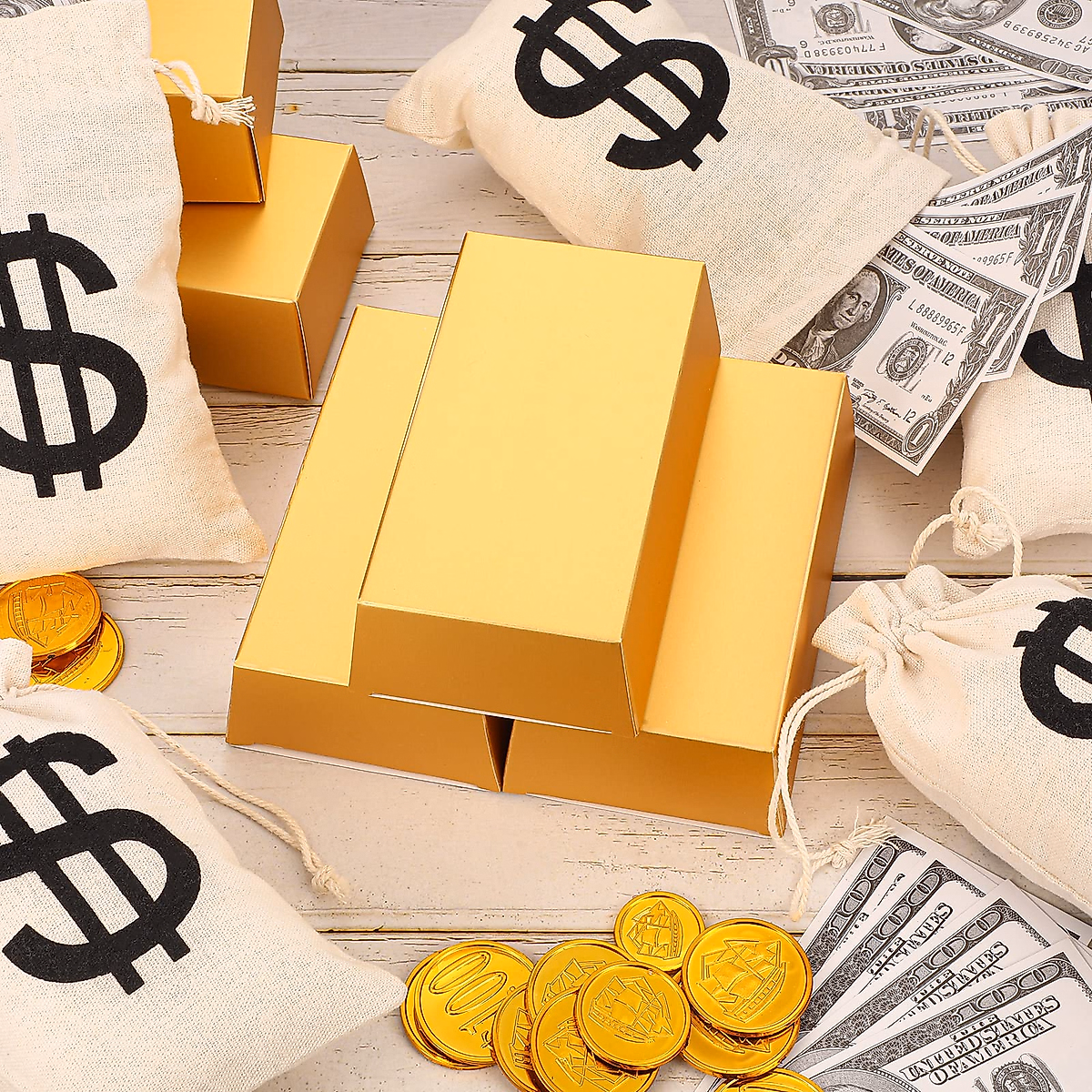 12 Pieces Canvas Money Bag Pouch with Drawstring and 12 Pieces Gold Bar Party Boxes 7 x 4.33 Inch Money Bag Pirate Gold Boxes for Children Toys Presents Crafts Pirate Theme Birthday Party Supplies