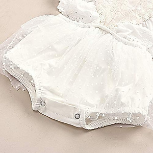 BGFKS Lace Ruffle Sleeve Romper Tutu for Baby Girl,Newborn Toddler Girls Bodysuit Tutu Dress with Flower Headband (White, 6-12 Months)