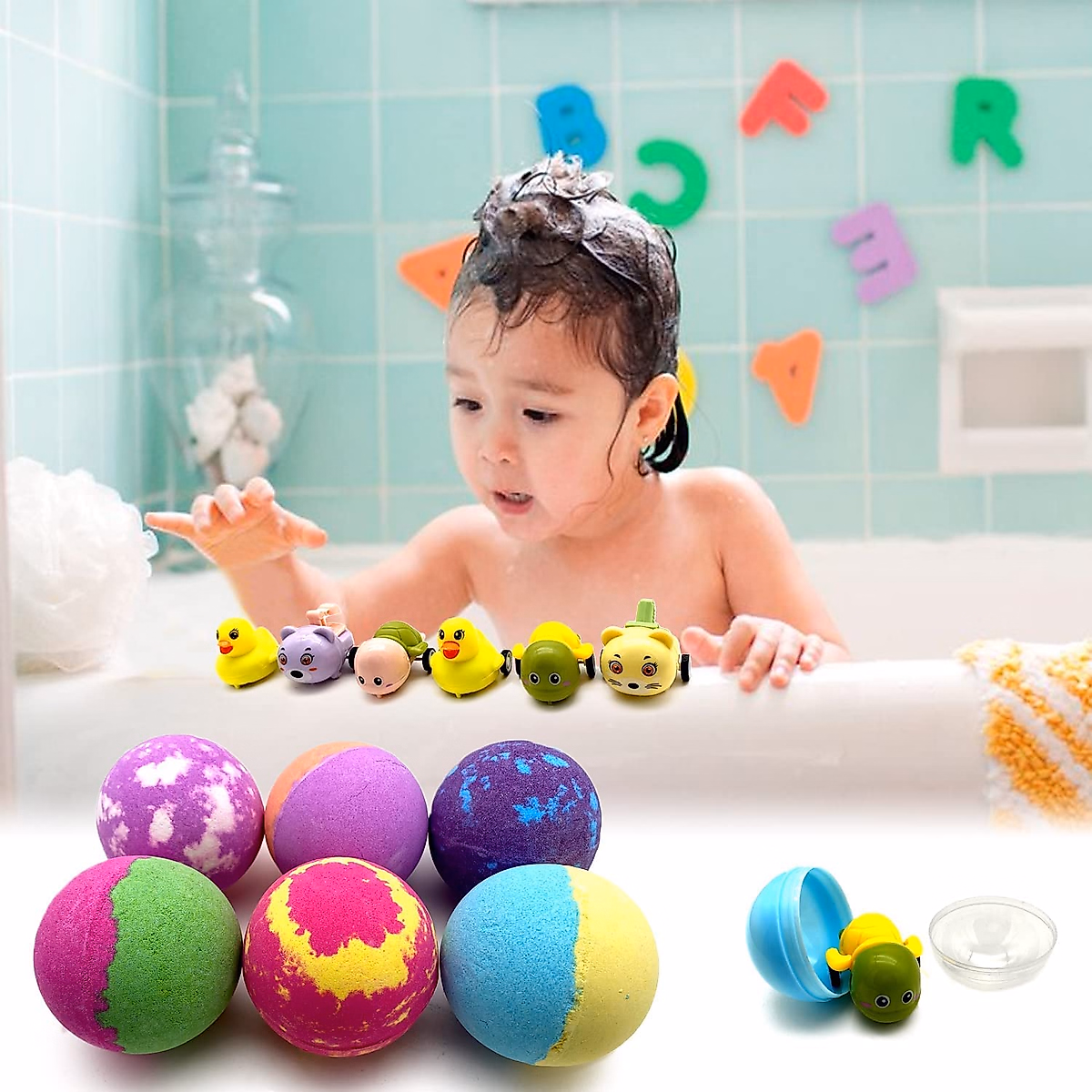 7 Oz Bath Bombs for Kids - with Surprise Toys Inside Pull-Back Car 6 Pack Natural Colorful Bath Bombs for Boys Girls with Animal Car Birthday Chirstmas Gift for Child