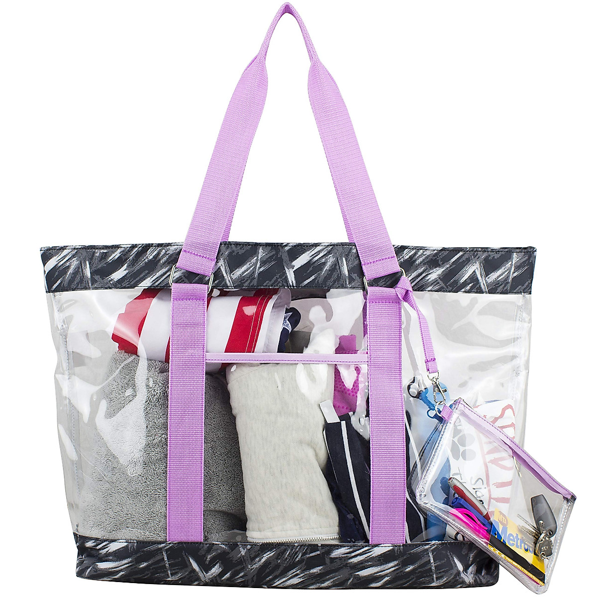 Eastsport Heavy Duty Transparent Clear Tote Bag Wristlet, Zipper Closure, For Work, Sporting Events, Festivals and Concerts, Blush/Cheetah Tie Dye