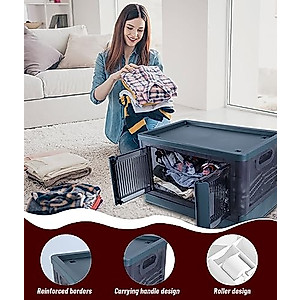 8.5 Gallons Closet Storage Bins with Lid, Transparent Collapsible Storage Boxes with Doors Dorm Stackable Closet Organizer Plastic Cube Storage Container for Home, Office, Bedroom (Green)