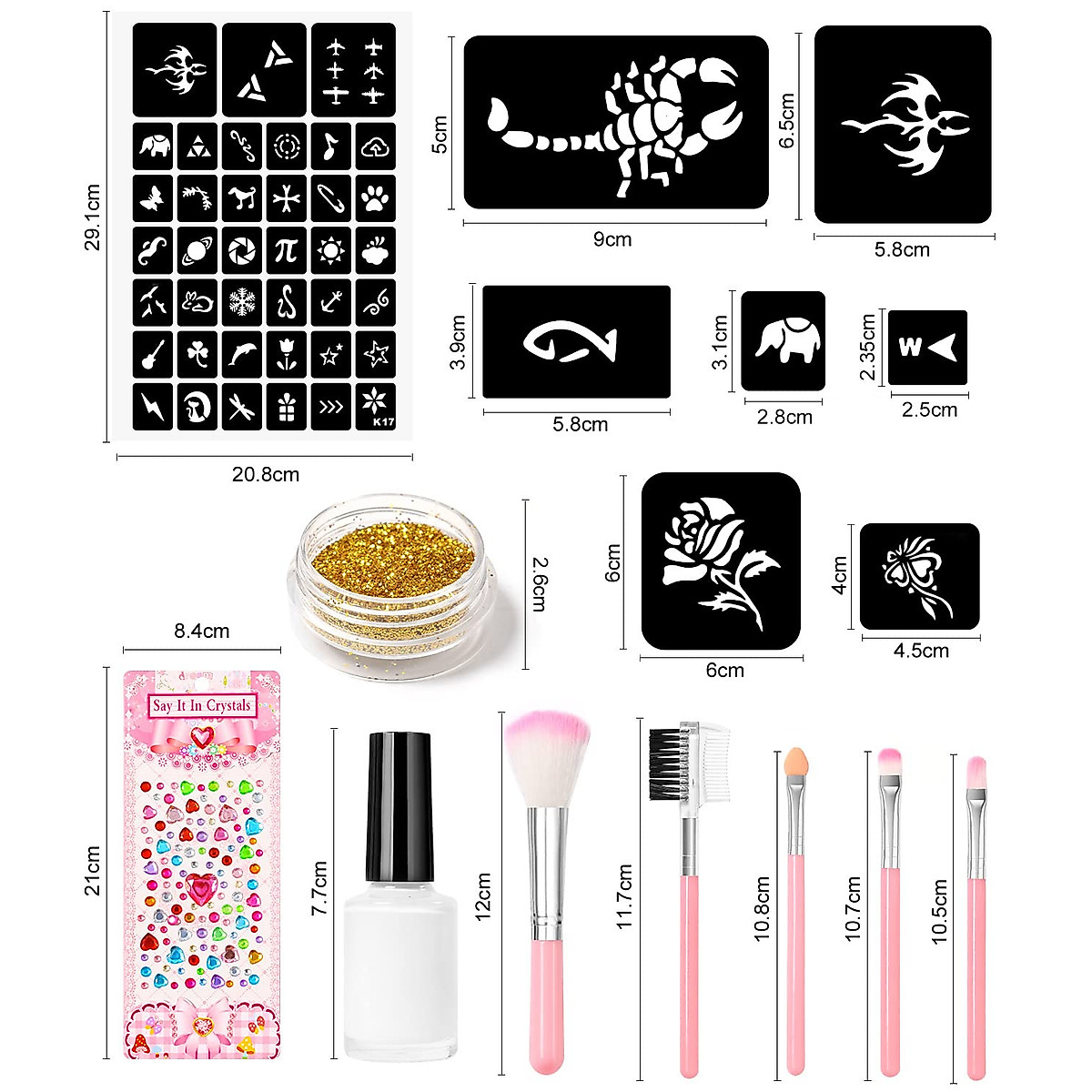 Temporary Glitter Tattoo Kit for Kids makeup,30 Body Glitter,3 Glitter Glue,5 Sheets Tattoos Stencil,5 Pcs Makeup Brush,6 Fluorescent Powder,Rhinestone Stickers,Holiday,Party,Nail Art