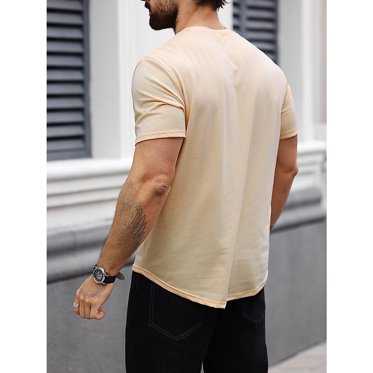 SOLY HUX Men's Graphic Tees Vintage T-Shirts Curved Hem Short Sleeve Crewneck Casual Trendy T Shirts Khaki Slogan Graphic S