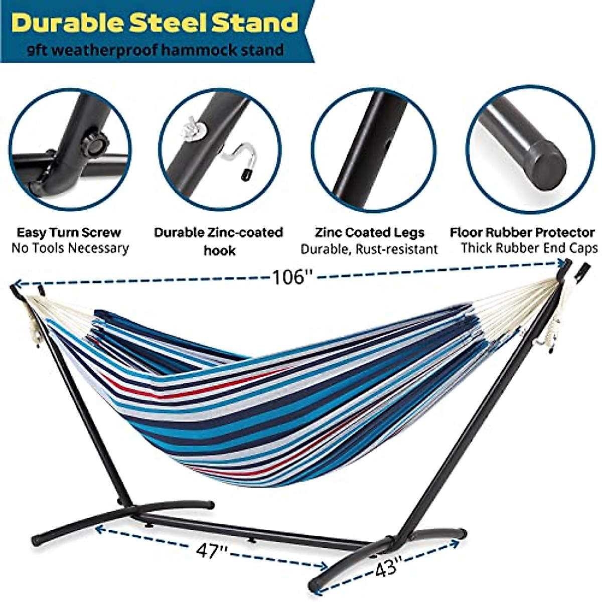 ACH Double Hammock with Stand Included 2 Person Heavy Duty Strong Portable Hammocks Indoor and Outdoor with Pillow-Carrying Bag for Outside Patio Backyard Lawn-450lb Capacity