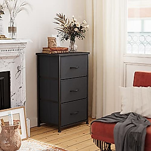 CubiCubi Dresser Nightstand for Bedroom with 3 Drawers, Small Storage Tower Organizer Unit for Closet, Office, Living Room, Hallway, Entryway, Fabric Drawers, Wood Board, Black Grey