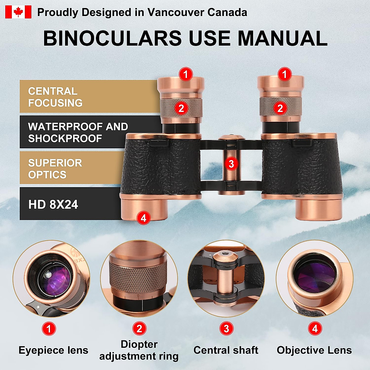 Fetch Falcon Full Metal Body FMC BAK4 HD 8x24 Binoculars(Third Generation High-Powered, Water-resistance, and Portable) Ideal for Camping, Hunting, Tourism, and Mountain Climbing (Rose Bronze)