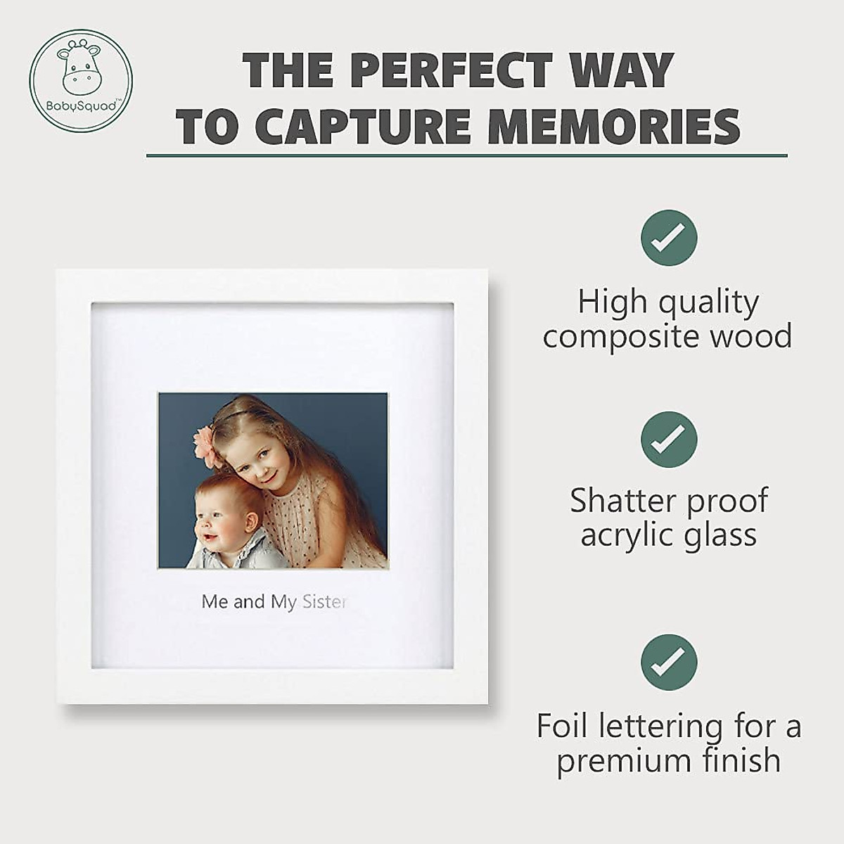 BabySquad Me and My Sister Photo Frame, 7 x 7 (INCHES), Sawtooth Hanger + Kickstand, Sister Gifts, Handcrafted White Wooden Photo Frame, Keepsake Gift