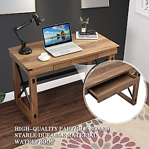 Festival Depot 47.5" Writing Computer Desk Large Home Office Desk in Industrial Style with Pull-Out Keyboard Tray Black Metal and Wood Appearance Laptop Table for Game Study