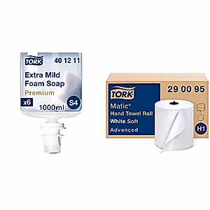 Tork Extra Mild Foam Soap S4, No Fragrance Added, 6 x 1L, 401211 & Matic Soft Hand Towel Roll, White, Advanced, H1, Long-Lasting, High Absorbency, High Capacity, 1-Ply, 6 Rolls x 900 ft, 290095