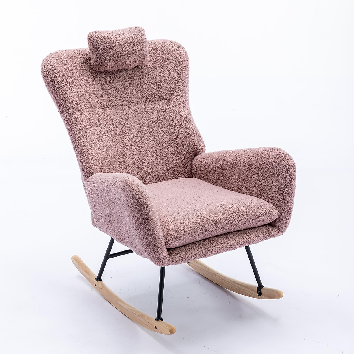 Lepfun 35.5 inch Casual, Soft Teddy Velvet Fabric Rocking Chair for Nursery,Comfy Wingback Glider Rocker with Safe Solid Wood Base for Living Room Bedroom and Balcony,Pink
