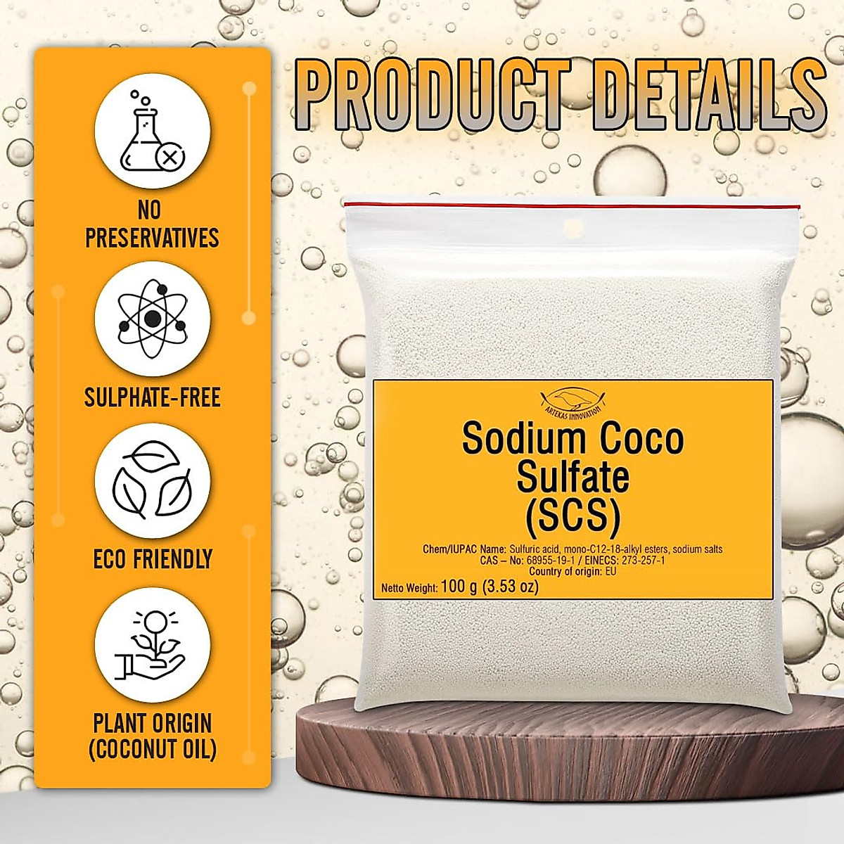 Artekas Innovation - SODIUM COCO SULFATE (SCS) - Fine Granules - Anionic, Foaming Surfactant - for Homemade Solid Shampoo Bars, Soap, Foamy, Bubbly Products, Hair, Body - 600 g | 21.17 Oz