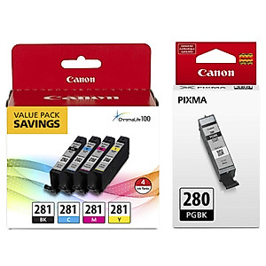 Canon CLI-281 BKCMY 4-Color Ink Tank Value Pack (2091C005) + Canon PGI-280 Pigment Black Ink Tank (2075C001)