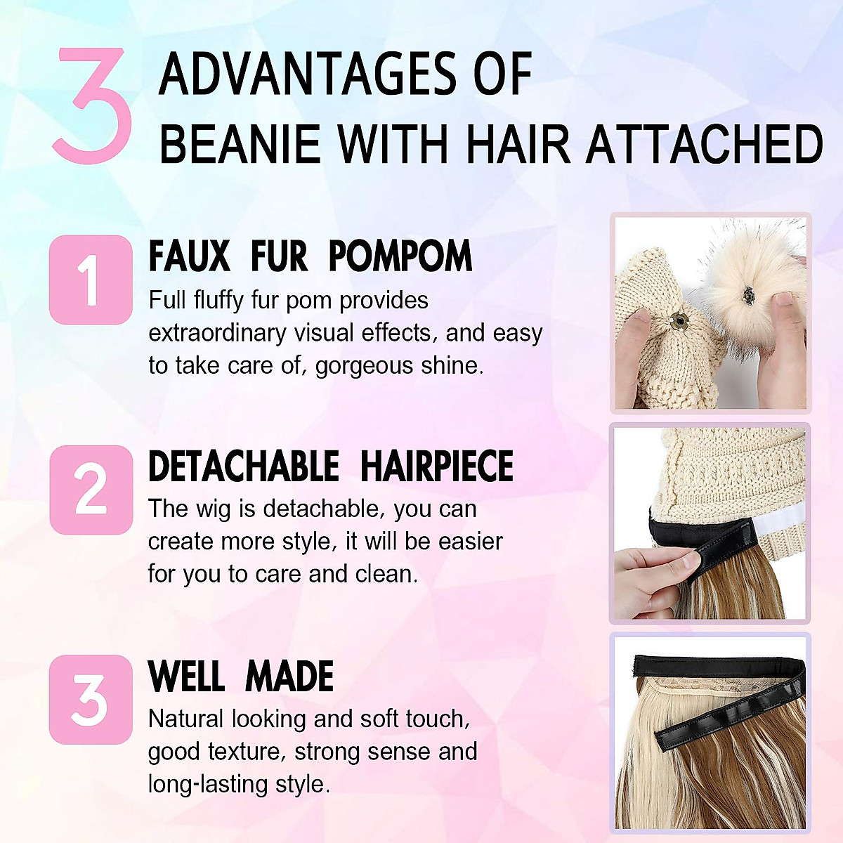 AynnQueen Beanie with Hair Attached for Women Slouchy Cable Hat Wig Knit Beanie Winter Hat with 20inch Removable Hair Extensions Wig (Medium Brown-Black Hat)