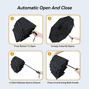 TechRise Large Windproof Compact Umbrella, Travel Folding Umbrellas for Rain Ladies Automatic Open Close Strong Wind Proof Rain Resistant with 10 Ribs Waterproof Umbrella Collapsible for Men Women