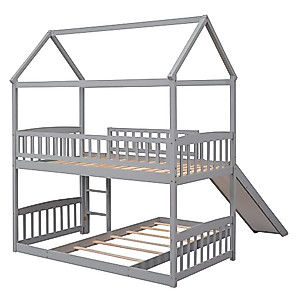 LZ LEISURE ZONE Bunk Bed with Slide, Wood Twin Over Twin Bunk Bed Frame, Twin Size House Bunk Bed, Bedroom Furniture for Kids/Teens/Aldults, No Box Spring Needed, Gray